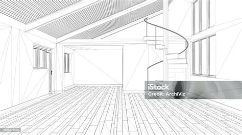 인테리어 디자인 프로젝트 흑백 잉크 스케치 계단으로 빈 공간을 보여주는 건축 청사진 중이층에 대한 스톡 사진 및 기타 이미지 중이층 건축 건축가 Istock