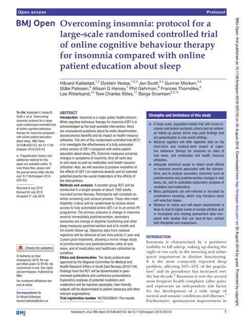 Pdf Overcoming Insomnia Protocol For A Large Scale Randomised