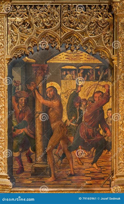 阿维拉西班牙 2016年4月 18日鞭打的绘画在Catedral De克里斯多萨尔瓦多主要法坛的佩德罗Berruguete 编辑类照片