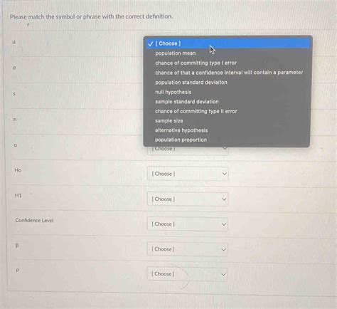 Solved Please Match The Symbol Or Phrase With The Correct Definition μ [ Choose ] Population