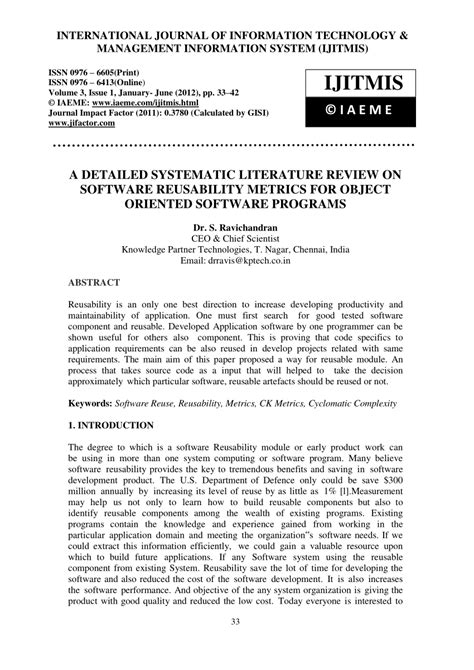 PDF A DETAILED SYSTEMATIC LITERATURE REVIEW ON SOFTWARE REUSABILITY METRICS FOR OBJECT