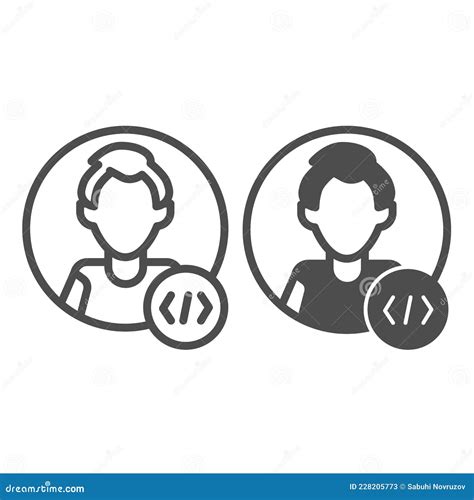 Guy Coder With A Code Tag Avatar Of Programmer Developer Line And Solid Icon Ui Concept Man