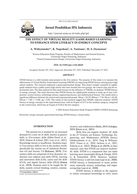 Pdf The Effect Of Virtual Reality Game Based Learning To Enhance Stem Literacy In Energy Concepts