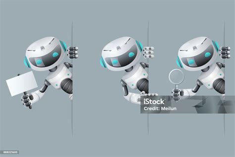 로봇 손잡고 배너에 가리키는 코너 포스터 좀 잡고 돋보기 기술 과학 소설 미래 귀여운 작은 판매 3 차원 설계 벡터 일러스트