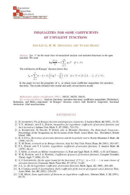 Pdf Inequalities For Some Coefficients Of Univalent Functions