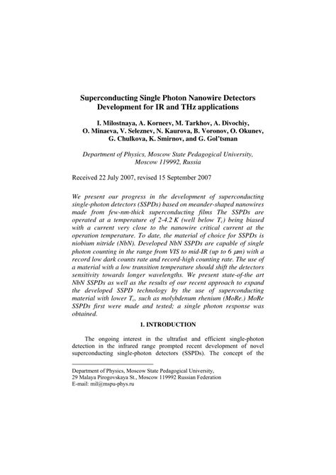 Pdf Superconducting Single Photon Nanowire Detectors Development For Ir And Thz Applications