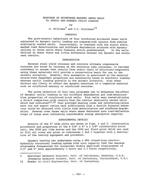 Response Of Reinforced Masonry Shear Walls To Static And Dynamic Cyclic Loading Pdf