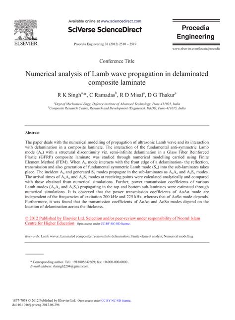 Pdf Numerical Analysis Of Lamb Wave Propagation In Delaminated Composite Laminate