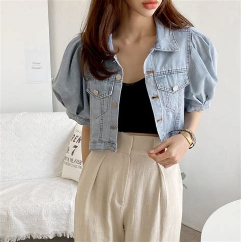 반팔 숏 크롭 청볼레로 퍼프소매 자켓 점퍼