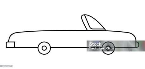 벡터 흑백 컨버터블 자동차입니다 아이들을 위한 재미있는 라인 카브리올레 자동차 귀여운 차량 클립 아트입니다 복고풍 운송 아이콘 또는 색칠 페이지가 흰색 배경에 분리되어 있다