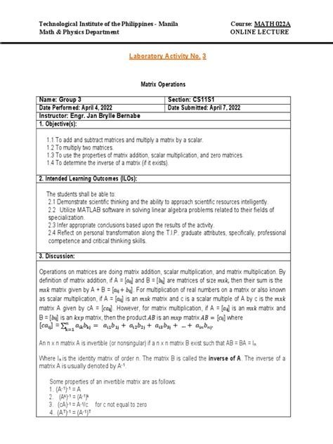 Group 3 Laboratory 3 Matrix Operations Pdf Matrix Mathematics