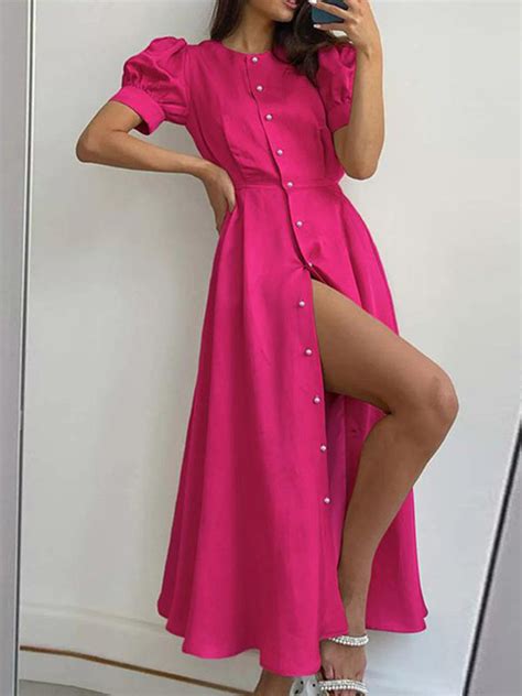 Elegant Comfort High Waisted Loose Buttoned Round Neck Midi Dresses