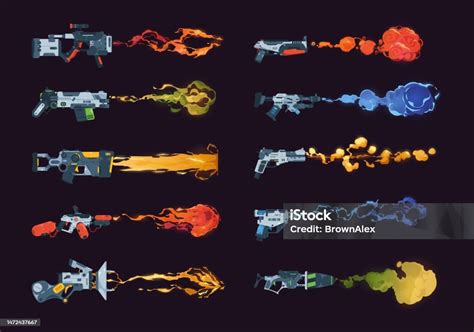 미래형 슈팅 건 어린이 게임 외계인 우주 산탄 총 치명적인 플래시 플라스틱 장난감에 대 한 레이저 폭발과 만화 판타지 소총 무기 벡터 다채로운 세트 레이저에 대한 스톡 벡터