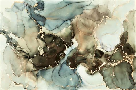 반투명 색조의 흐름 금속 소용돌이 및 거품이 많은 스프레이의 흐름은 이러한 자유롭게 흐르는 질감의 풍경을 형성합니다 알코올 잉크 기술의 자연 고급 추상 유체 아트 페인팅 0