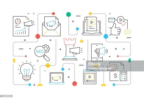 마케팅 관련 라인 스타일 배너 디자인 웹 페이지 헤드 라인 브로셔 연례 보고서 및 책 표지 디지털 마케팅에 대한 스톡 벡터 아트 및 기타 이미지 Istock