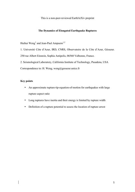 Pdf The Dynamics Of Elongated Earthquake Ruptures