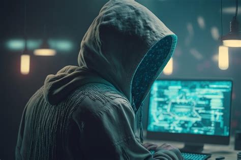 Premium Photo Hooded Hacker Using Computer In Dark Room Cyber Security Concept Generative Ai
