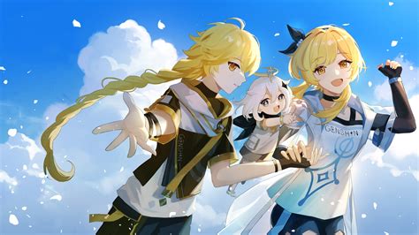 Aether Lumine Paimon White Clouds Blue Sky Background K K Hd Genshin Impact Wallpapers Hd