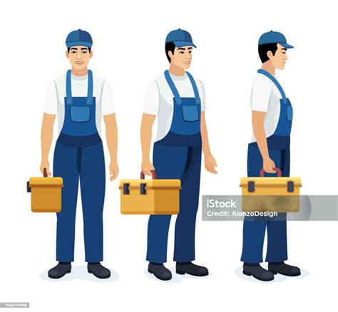 배관공 또는 수리공 도구 상자를 가진 건설 노동자 다른 포즈를 가진 작업자 집합입니다 전기공에 대한 스톡 벡터 아트 및 기타 이미지 전기공 연관공 기계공 Istock