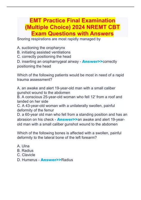 EMT Practice Final Examination Multiple Choice 2024 NREMT CBT Exam Questions With Answers