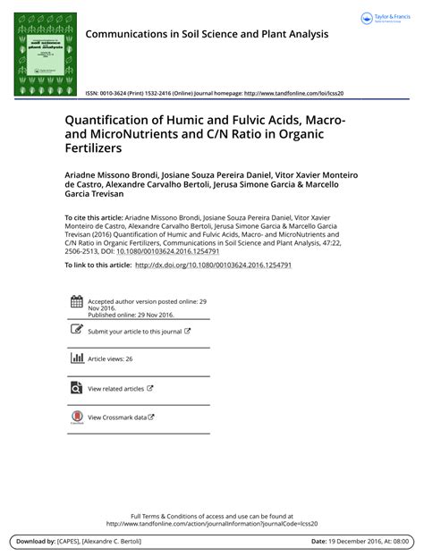Pdf Quantification Of Humic And Fulvic Acids Macro And Micro Nutrients And Cn Ratio In