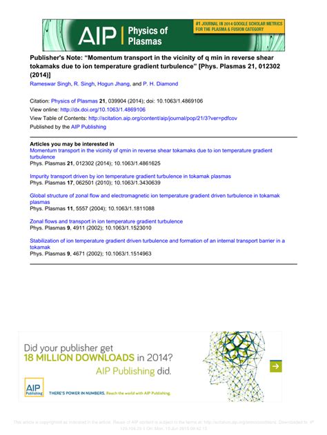 Pdf Publishers Note Momentum Transport In The Vicinity Of Qmin In Reverse Shear Tokamaks