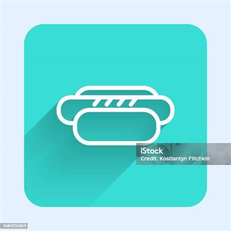 화이트 라인 핫도그 샌드위치 아이콘은 긴 그림자로 분리되어 있습니다 소시지 아이콘입니다 길거리 패스트 푸드 메뉴 녹색 사각형 버튼입니다 벡터 3차원 형태에 대한 스톡 벡터