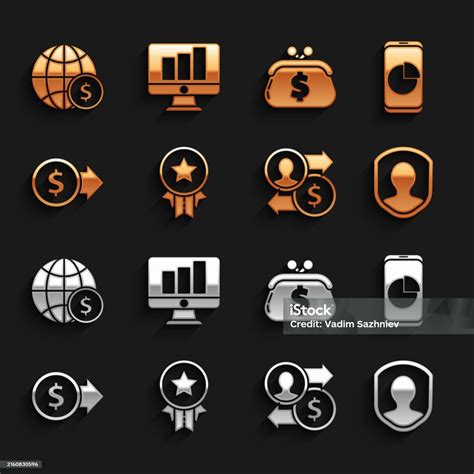 별 휴대 전화 그래프 차트 사용자 보호 직업 승진 교환 돈 동전 달러 지갑 지구 지구 및 모니터 아이콘으로 메달을 설정합니다 벡터 Brand Name Smart Phone에