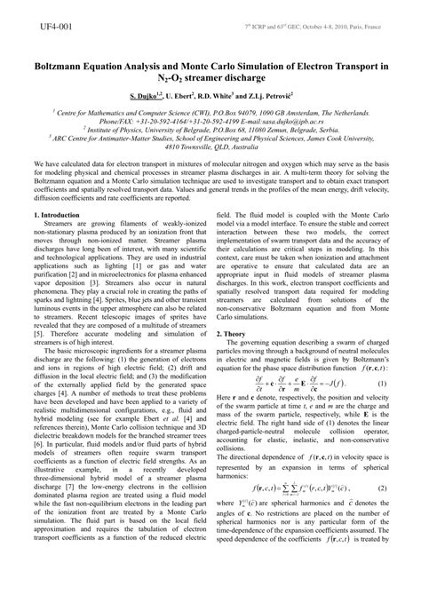 Pdf Boltzmann Equation Analysis And Monte Carlo Simulation Of Electron Transport In N2 O2
