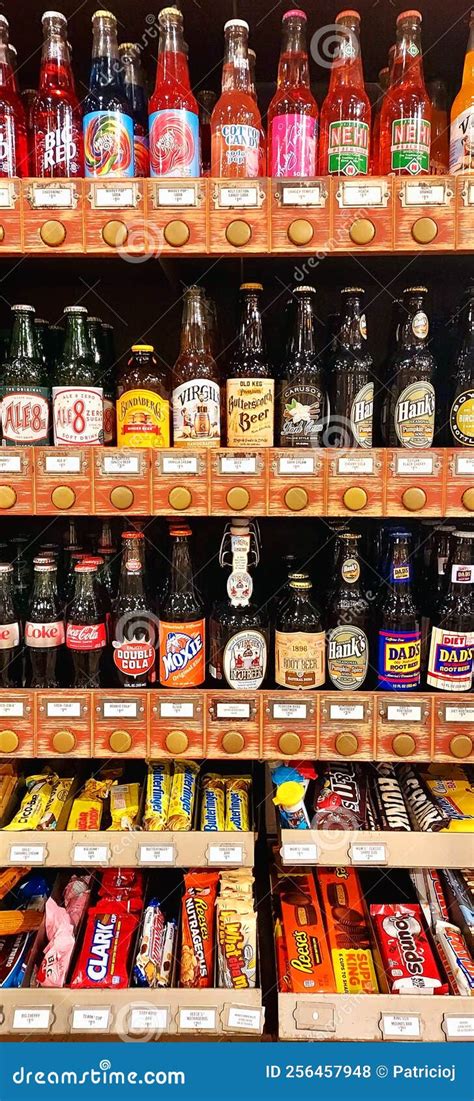 Store Display Of Retro Vintage 70s And 80s Drink Bottles And Candy Bars For Sale Editorial Stock