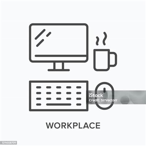 작업장 선 아이콘입니다 컴퓨터 모니터 키보드 마우스 및 커피 머그잔 벡터 그림 온라인 작업 데스크탑 탑 뷰 선형 기호 컴퓨터 키보드에 대한 스톡 벡터 아트 및 기타 이미지