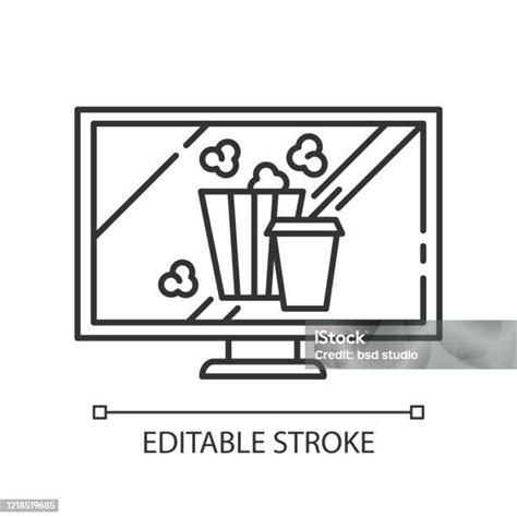 영화 및 텔레비전 선형 아이콘입니다 영화 Tv를 보고 팝콘 음료 전자 상거래 부서 범주 가는 선 그림입니다 등고선 기호입니다 벡터 절연 윤곽선 도면 편집 가능한 스트로크