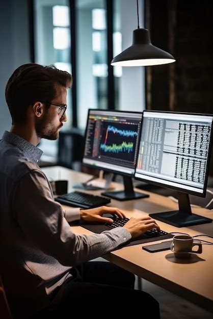 premium photo male software engineer analyzing data on multiple computer monitors