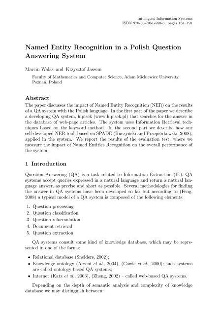 Named Entity Recognition In A Polish Question Answering System