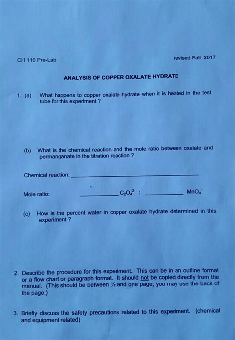 Solved Ch 110 Pre Lab Revised Fall 2017 Analysis Of Copper
