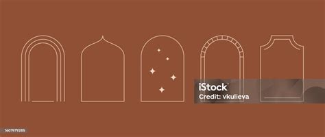 미니멀한 보호 스타일로 세팅된 리니어 아치 프레임 보헤미안 장식 장식 테두리 컬렉션 배지 로고 카드 포스터 배너 포스트 디자인 템플릿을 위한 별이 있는 선 호 요소 벡터 팩
