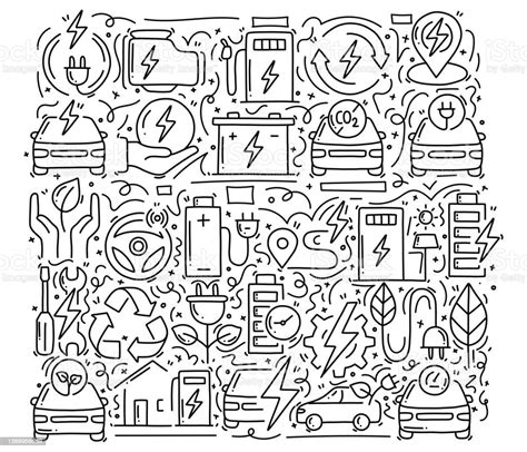 전기 자동차 관련 개체 및 요소 손으로 그린 벡터 낙서 일러스트 레이션 컬렉션 손으로 그린 패턴 디자인 전기 자동차 대체 연료 차량에 대한 스톡 벡터 아트 및 기타 이미지