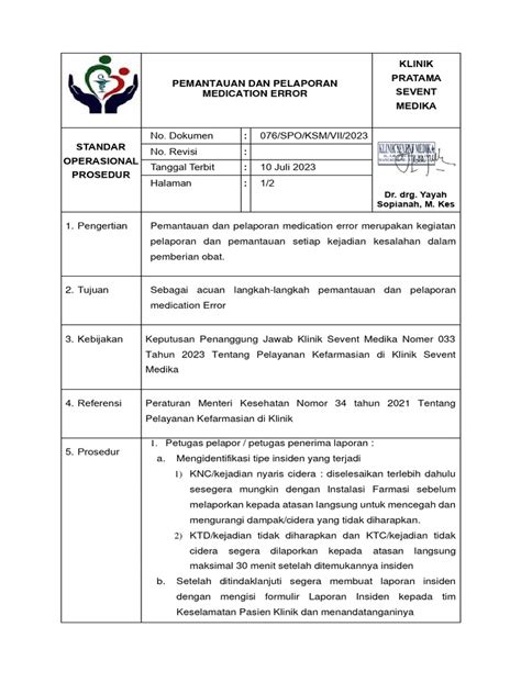 Sop Pemantauan Dan Pelaporan Medication Error Pdf