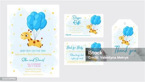 기저귀 추첨 아기를위한 책과 감사 태그와 함께 가는 길에 베이비 샤워 인쇄 파티 초대 카드 템플릿 아기 소년 풍선에 비행 귀여운 작은 기린초대 세트 0명에 대한 스톡 벡터