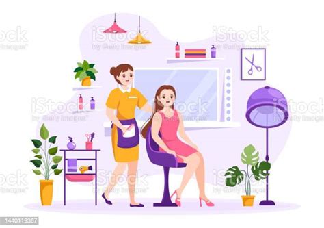 미용실 이발 헤어케어 및 헤어스타일이 있는 미용실 또는 플랫 만화 손으로 그린 템플릿 일러스트레이션의 이발사 가위에 대한 스톡 벡터 아트 및 기타 이미지 Istock