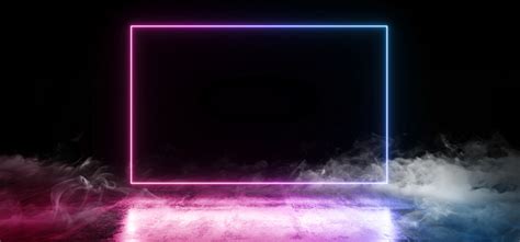 스모크 다크 빈 블랙 사각형 프레임 네온 빛나는 레이저 형광 가상 현실 블루 퍼플 활기찬 조명 그런 지 콘크리트 반사 바닥 빈 홀 룸 터널 3d 렌더링 0명에 대한 스톡
