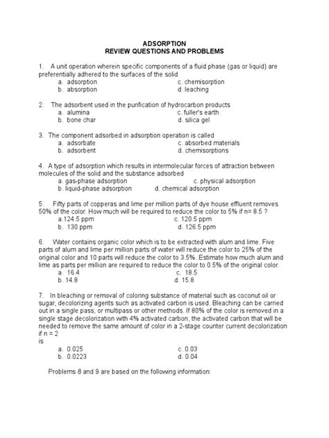 Adsorption Review Questions And Problems Download Free Pdf