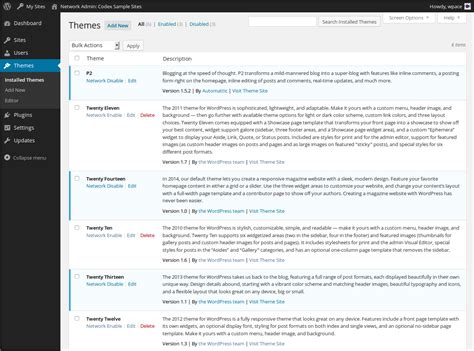Network Admin Themes Screen WordPress Codex