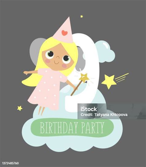귀여운 작은 요정과 숫자 아홉 생일 카드 벡터 일러스트 만화 스타일 어린이 파티 엽서 포스터 초대장 배너 및 인쇄를 위한 일러스트레이션입니다 공주에 대한 스톡 벡터 아트 및