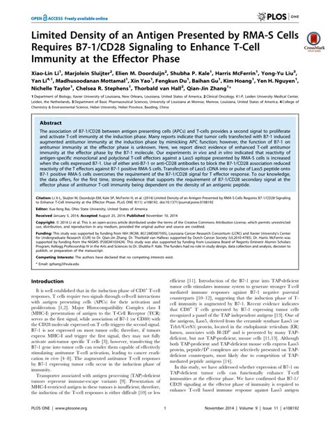 Pdf Limited Density Of An Antigen Presented By Rma S Cells Requires B7 1 Cd28 Signaling To