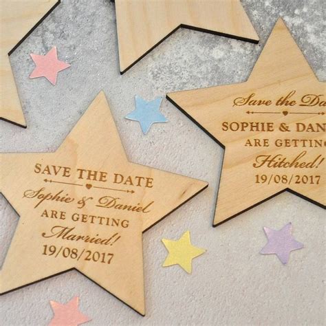 Wooden Personalised Save The Date Stars And Heart Tags And Magnets
