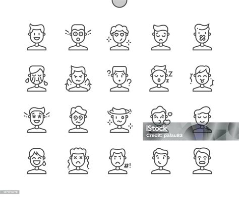 남성 인간의 감정 남자와 소년 얼굴 실망 행복 혼란 저주 충격 및 기타 픽셀 완벽한 벡터 얇은 선 아이콘 간단한 최소 그림 사람 얼굴에 대한 스톡 벡터 아트 및 기타 이미지