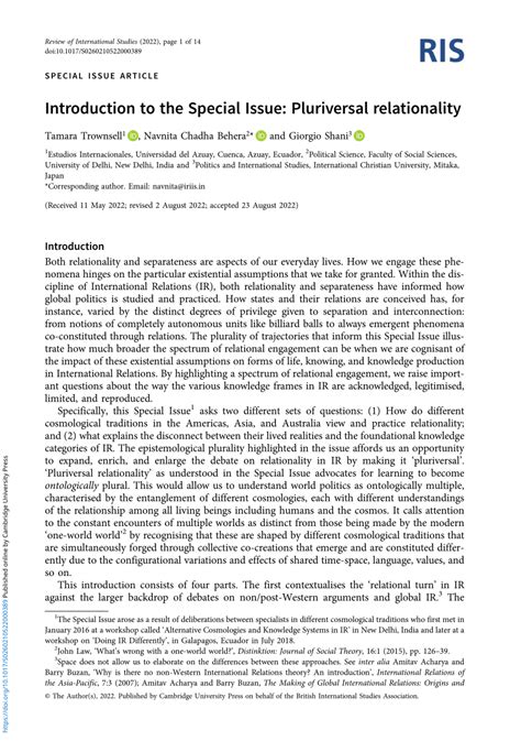 Pdf Introduction To The Special Issue Pluriversal Relationality