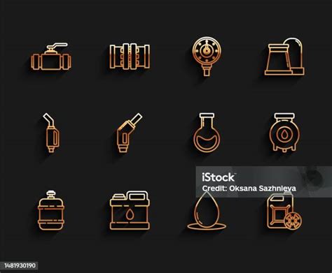 세트 라인 프로판 가스 탱크 산업 금속 파이프 및 밸브 오일 드롭 부동액 용기 가솔린 펌프 노즐 산업 공장 건물 및 테스트 튜브 플라스크 아이콘 벡터 가솔린에 대한 스톡