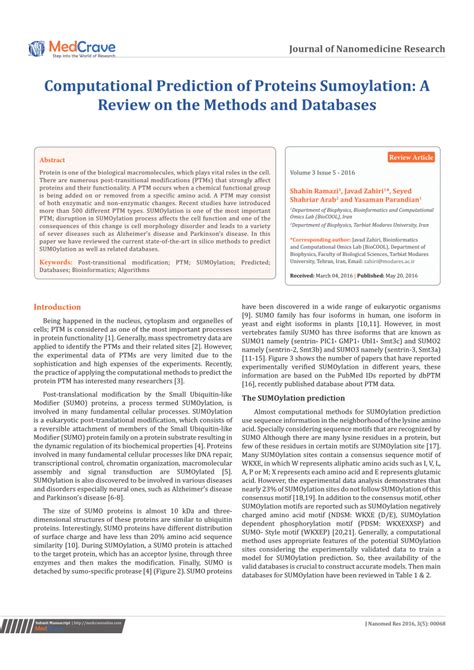 pdf computational prediction of proteins sumoylation a review on the